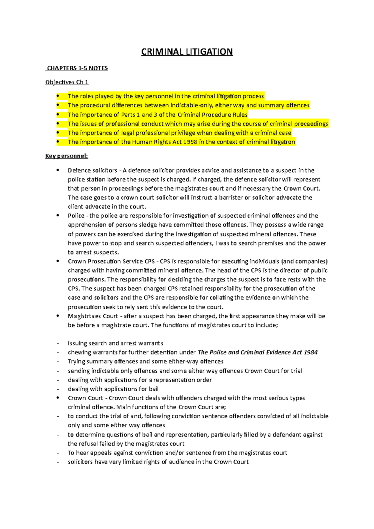 Criminal Litigation Reading notes - CRIMINAL LITIGATION CHAPTERS 1-5 ...
