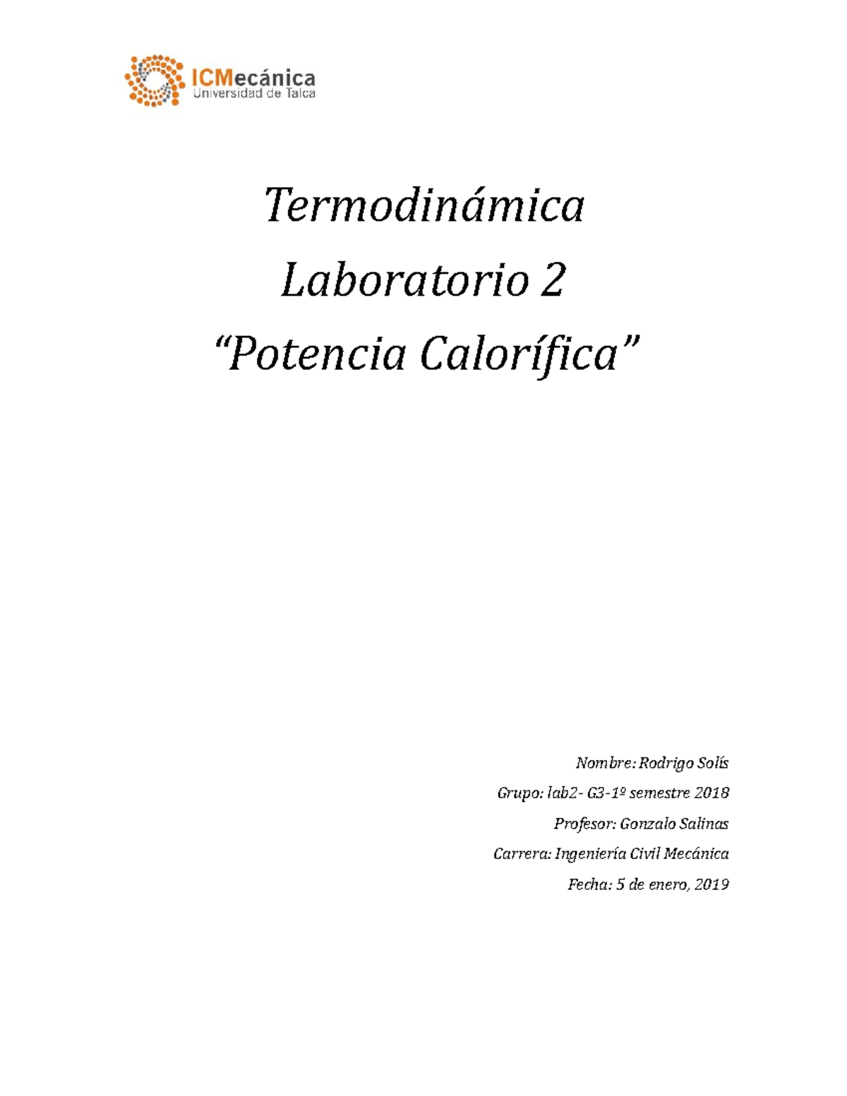 Lab 2-Potencia Calorifica - Termodinámica Laboratorio 2 “Potencia ...