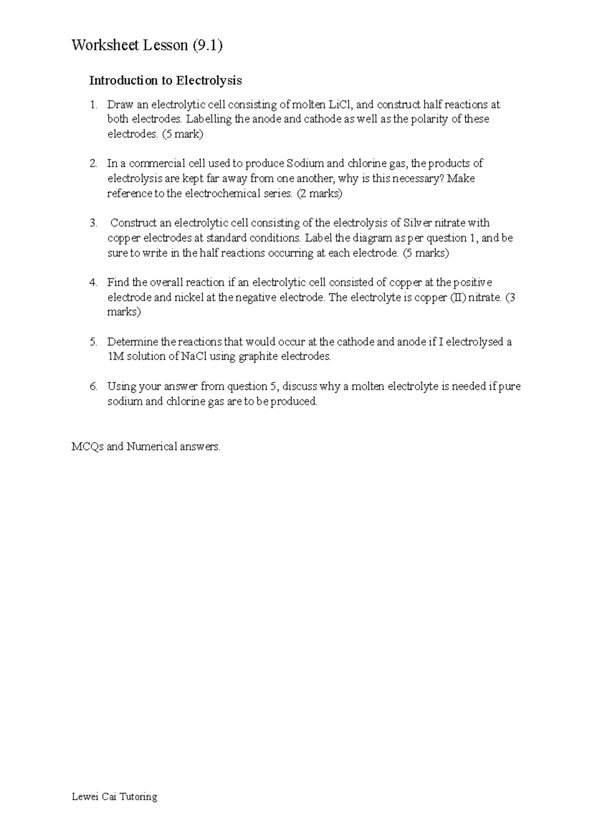 Chemistry WS 9 - summary - Worksheet Lesson (9) Introduction to ...