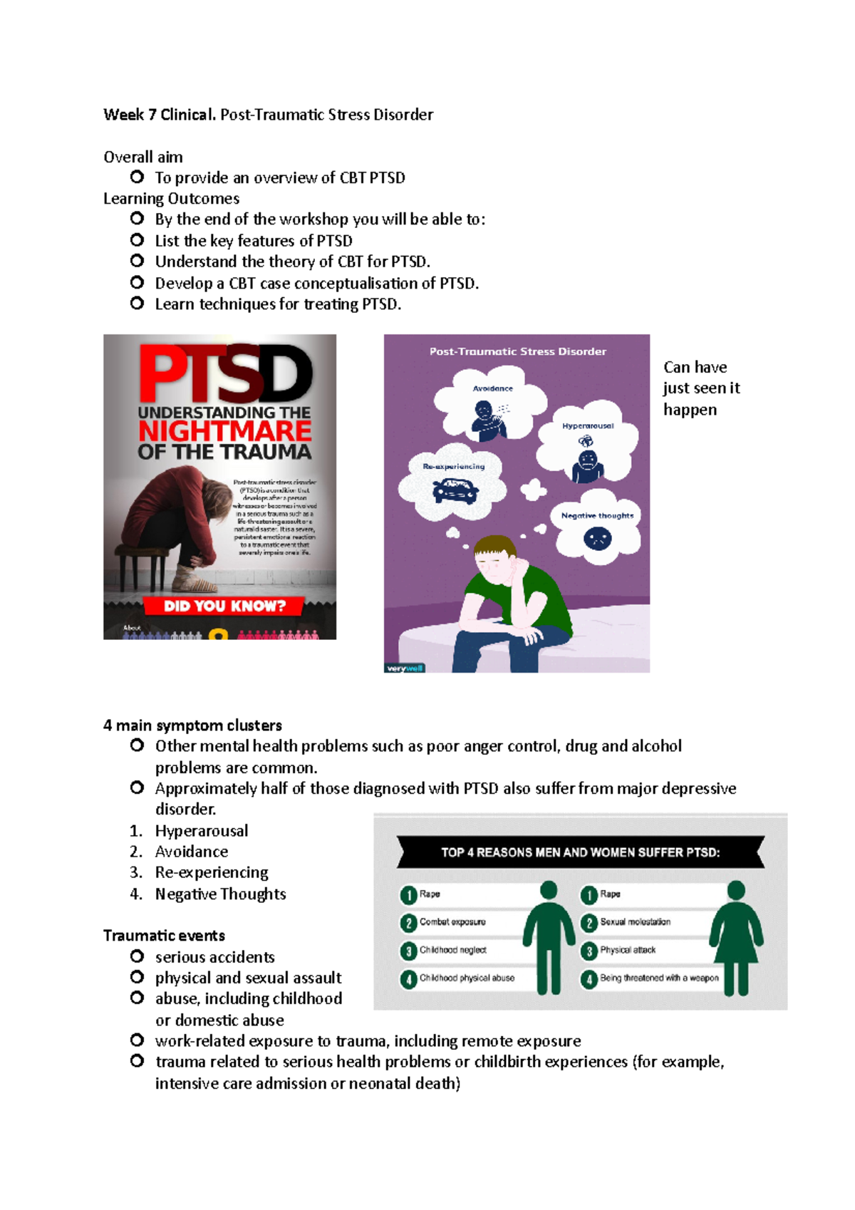 Week 7 Clinical - PTSD - Lecture notes 7 - Week 7 Clinical. Post ...