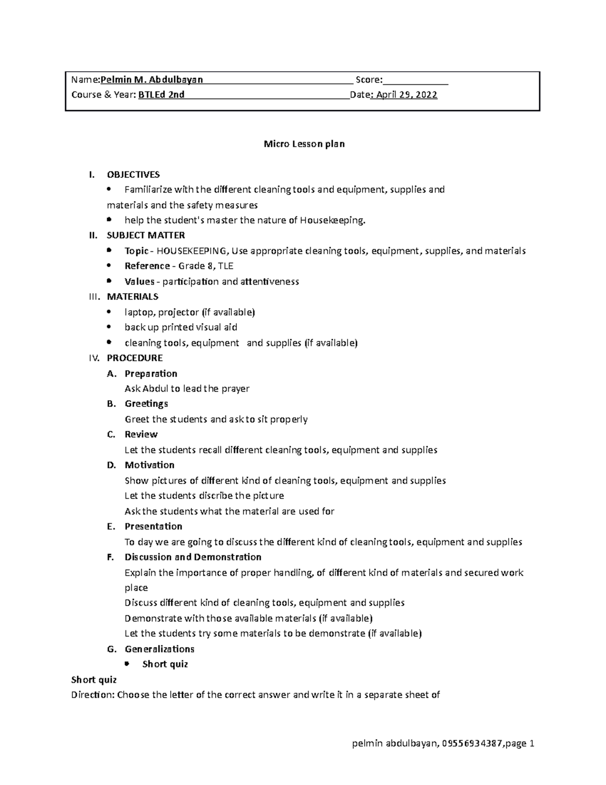 Micro lesson plan 2221 - uwae besen - Name: Pelmin M. Abdulbayan Score ...