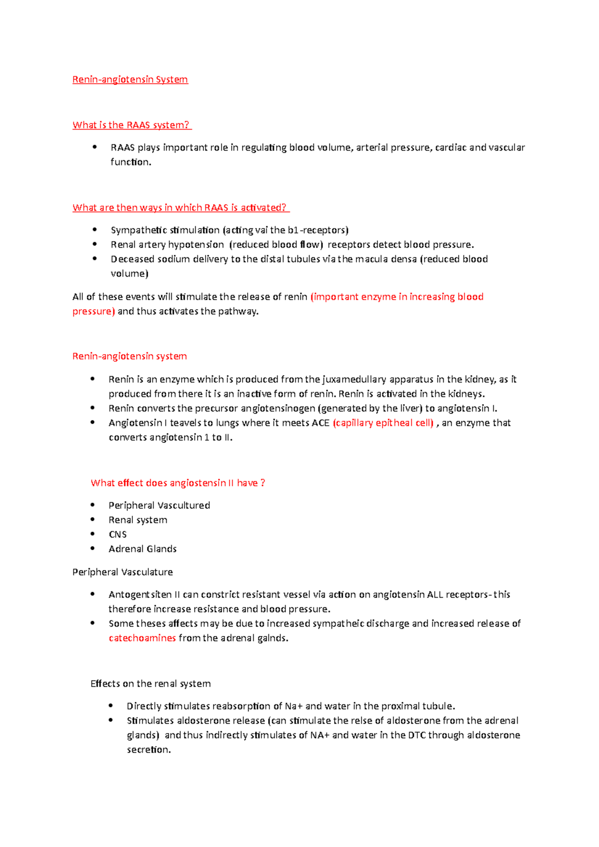 RAAS system - Lecture notes - Renin-angiotensin System What is the RAAS ...