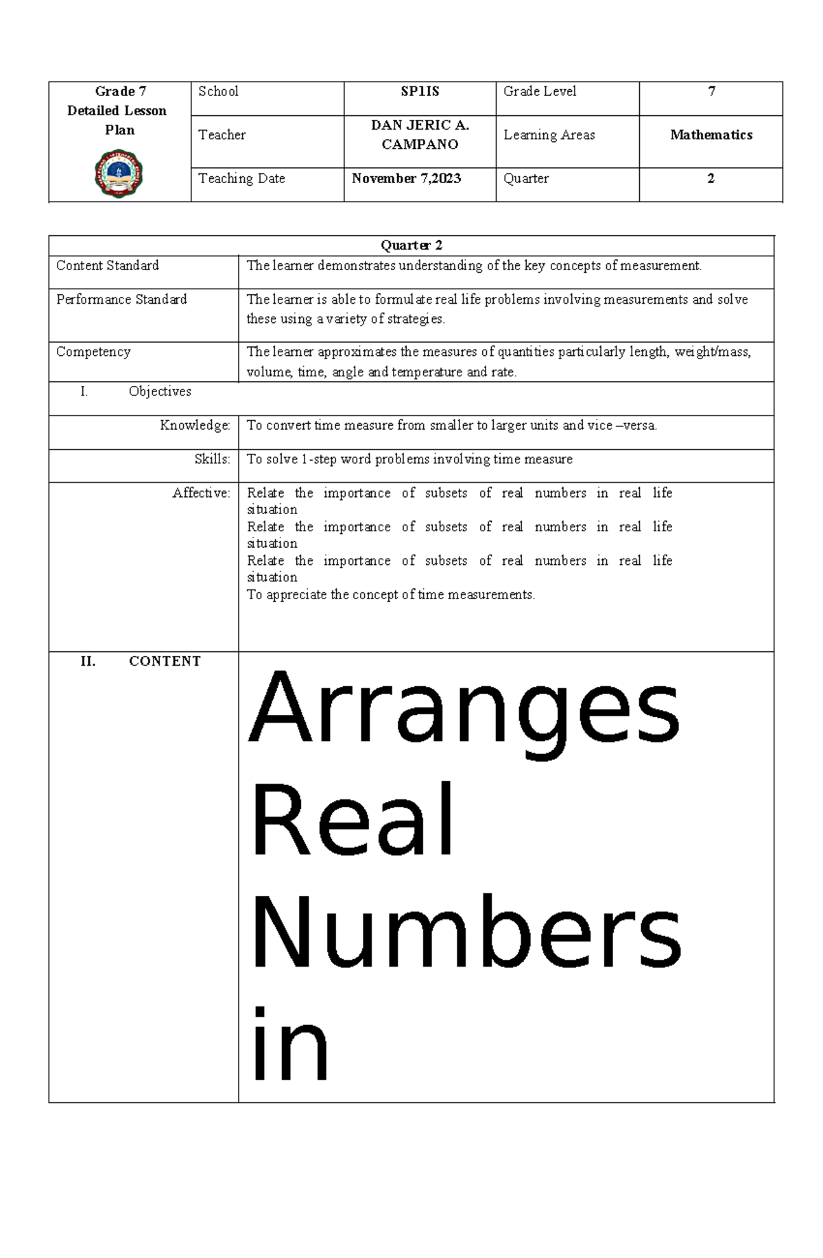 Math week 1 day 2 - Grade 7 Detailed Lesson Plan School SP1IS Grade ...