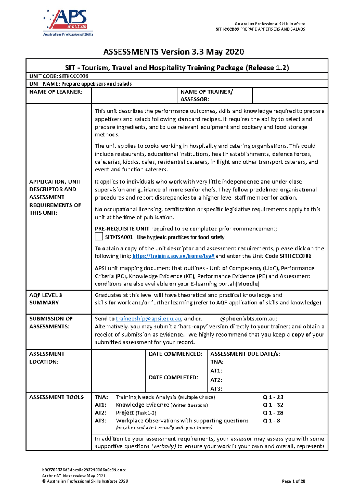 APSI Traineeship Assessment Sithccc 006 V3.3 May 2020 - SITHCCC006 ...