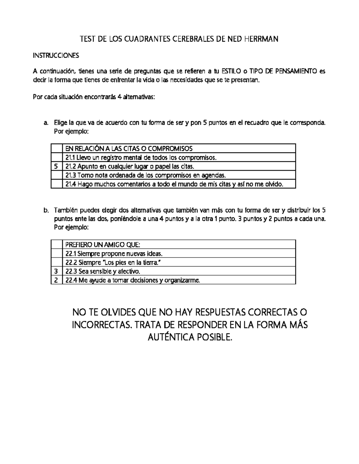 Cuestionario NED Herrmann - TEST DE LOS CUADRANTES CEREBRALES DE NED ...