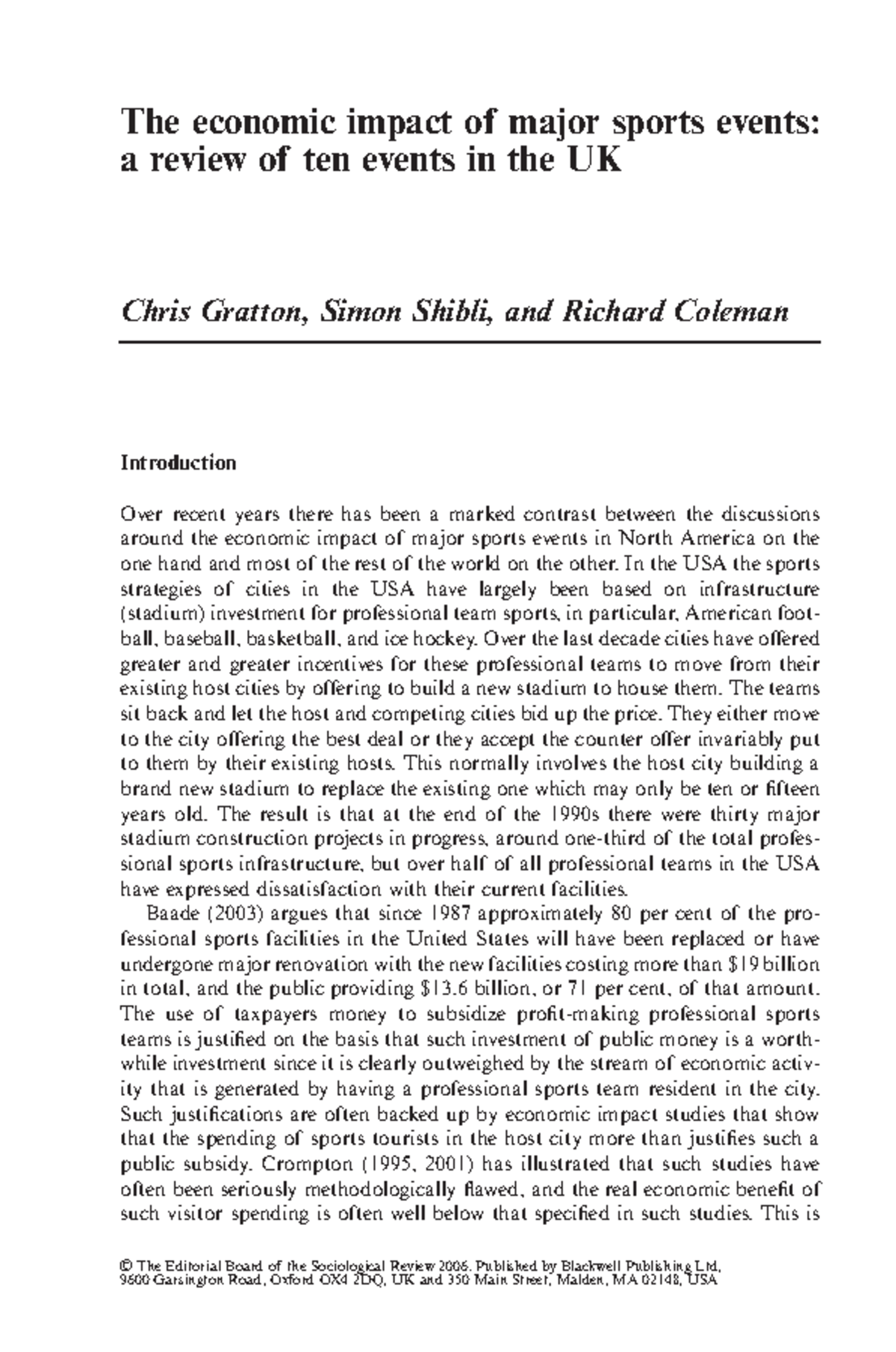Gratton article the economic impact of major sports events - The ...