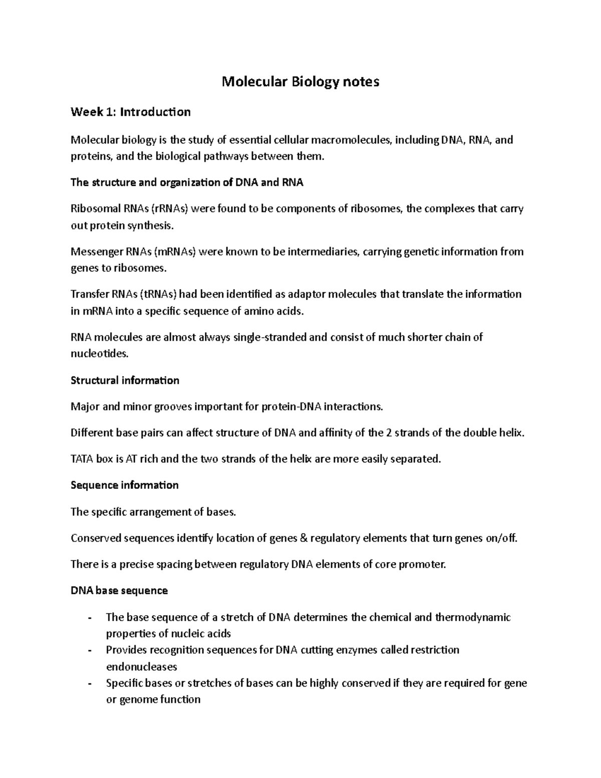 Mol Bio Notes - Molecular Biology notes Week 1: Introduction Molecular ...