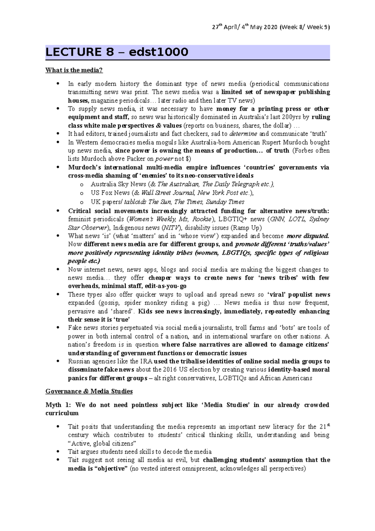 Lecture 8 - Media - LECTURE 8 – edst What is the media? In early modern ...