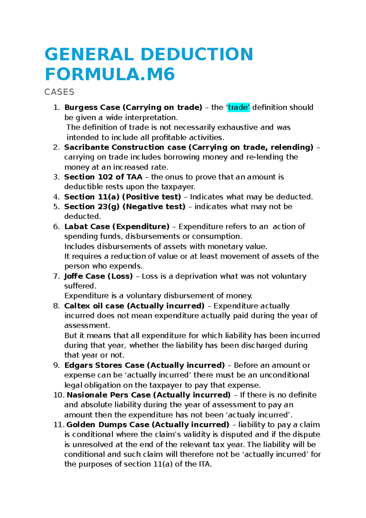 Tax 2 Cases - SUMMARISED CASE LAWS - GENERAL DEDUCTION FORMULA CASES 1 ...