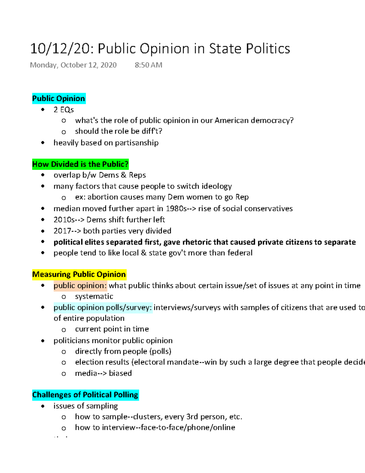 101220 Public Opinion in State Politics - Public Opinion 2 EQs what's ...