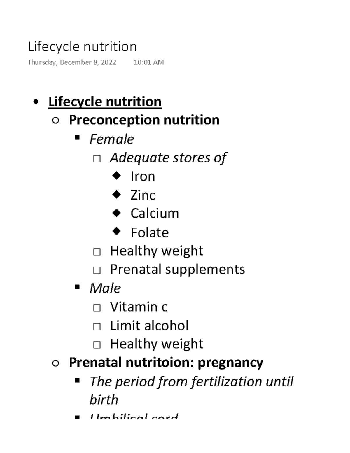 4.5 Lifecycle nutrition - Lifecycle nutrition Preconception nutrition ...