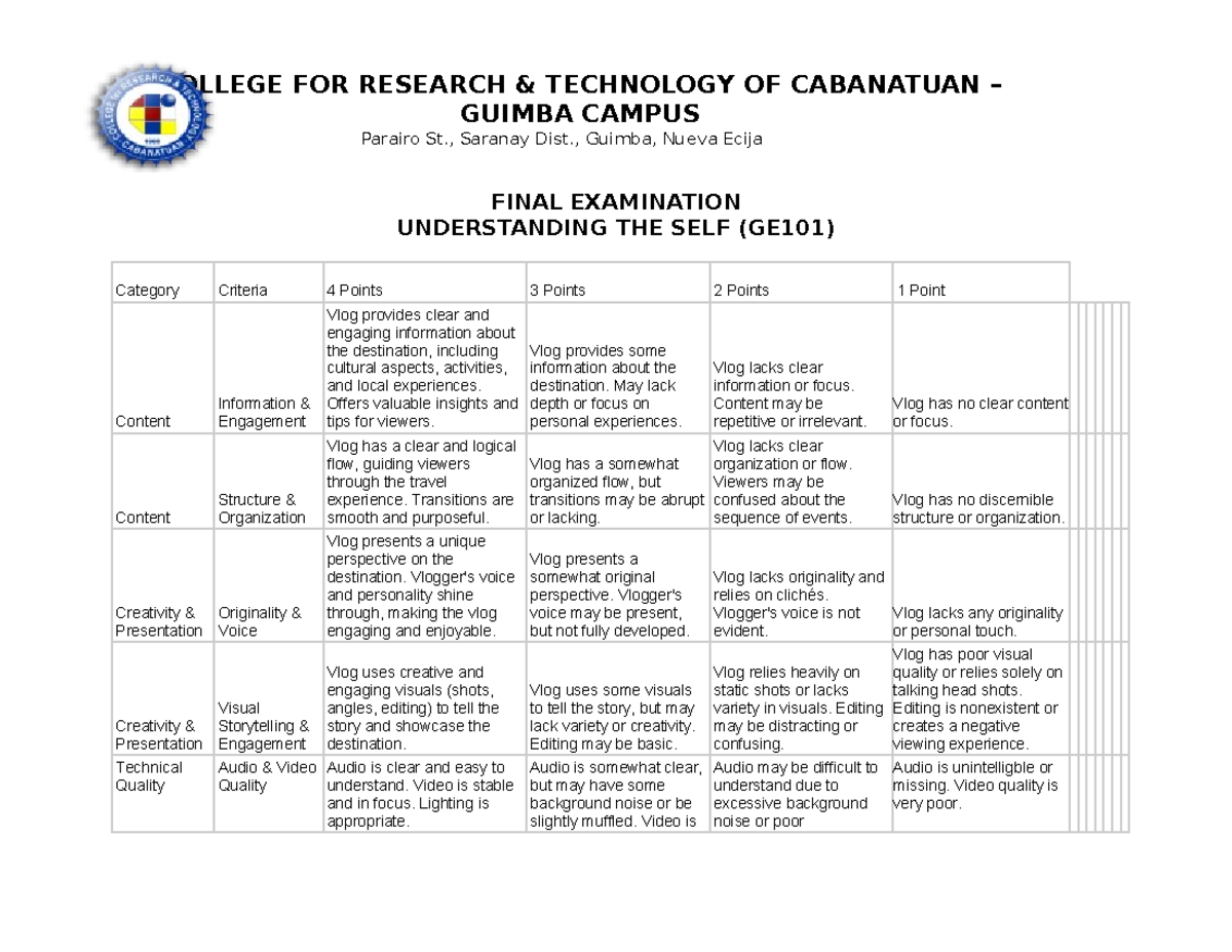 Travel Vlog - RUBRICS - COLLEGE FOR RESEARCH & TECHNOLOGY OF CABANATUAN ...