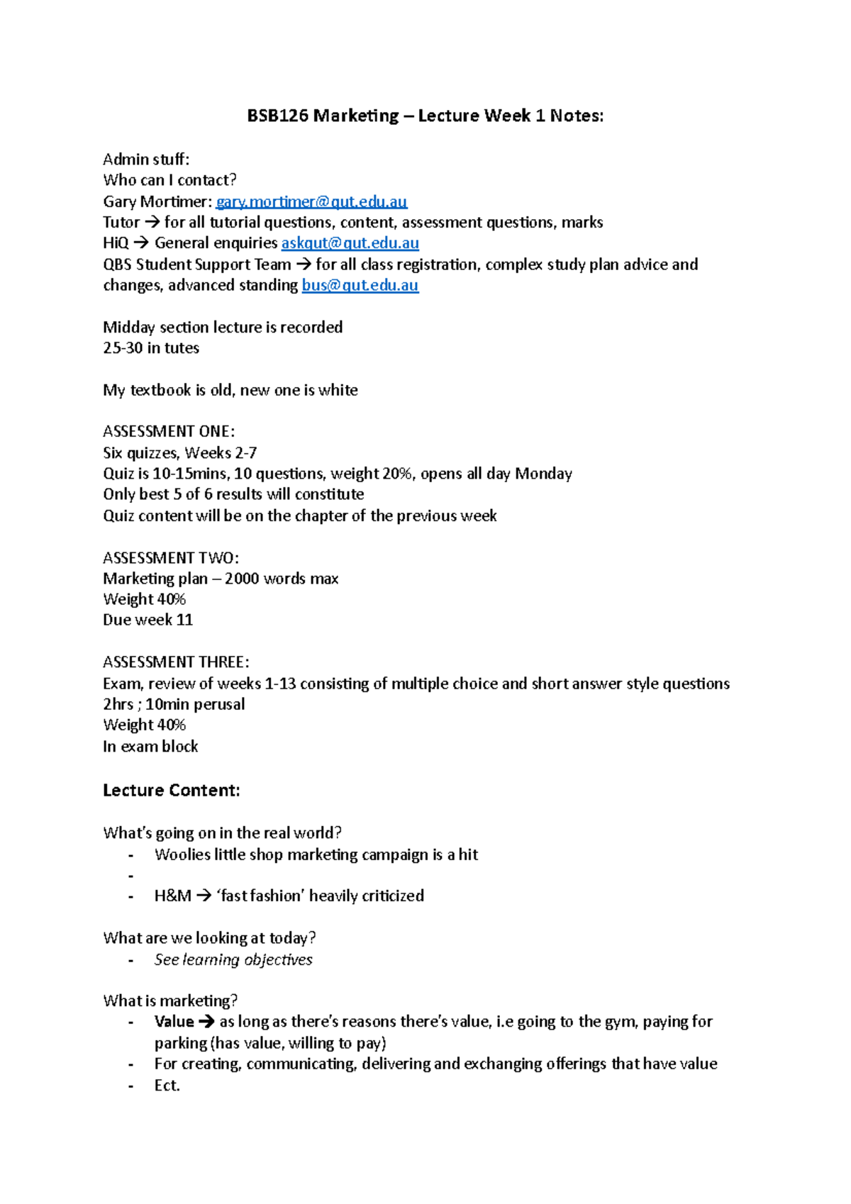 Lecture Notes Wk1 - BSB126 Marketing – Lecture Week 1 Notes: Admin ...
