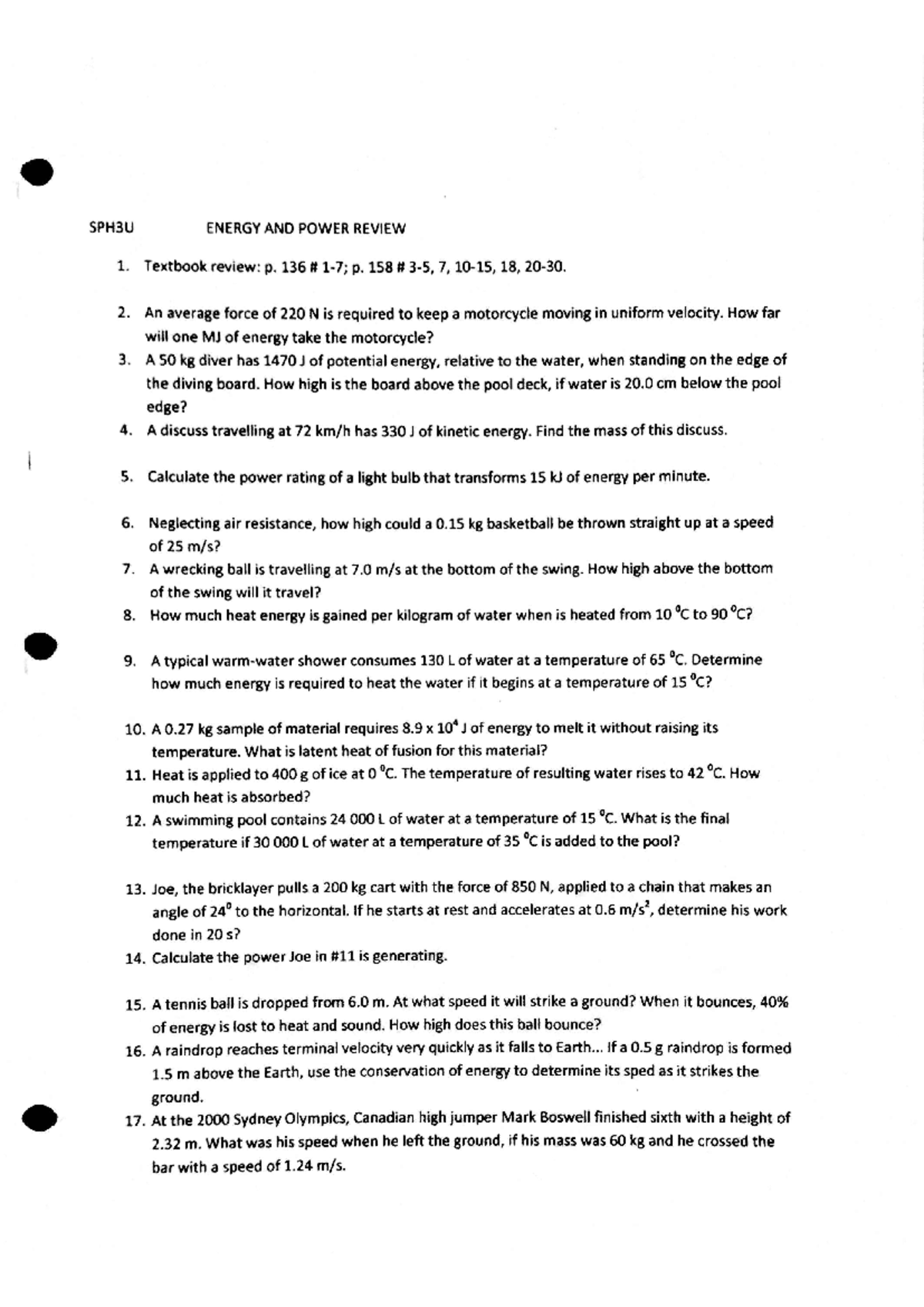 27 Energy and Power Review - SPH3U ENERGY AND POWER REVIEW 1. Textbook ...
