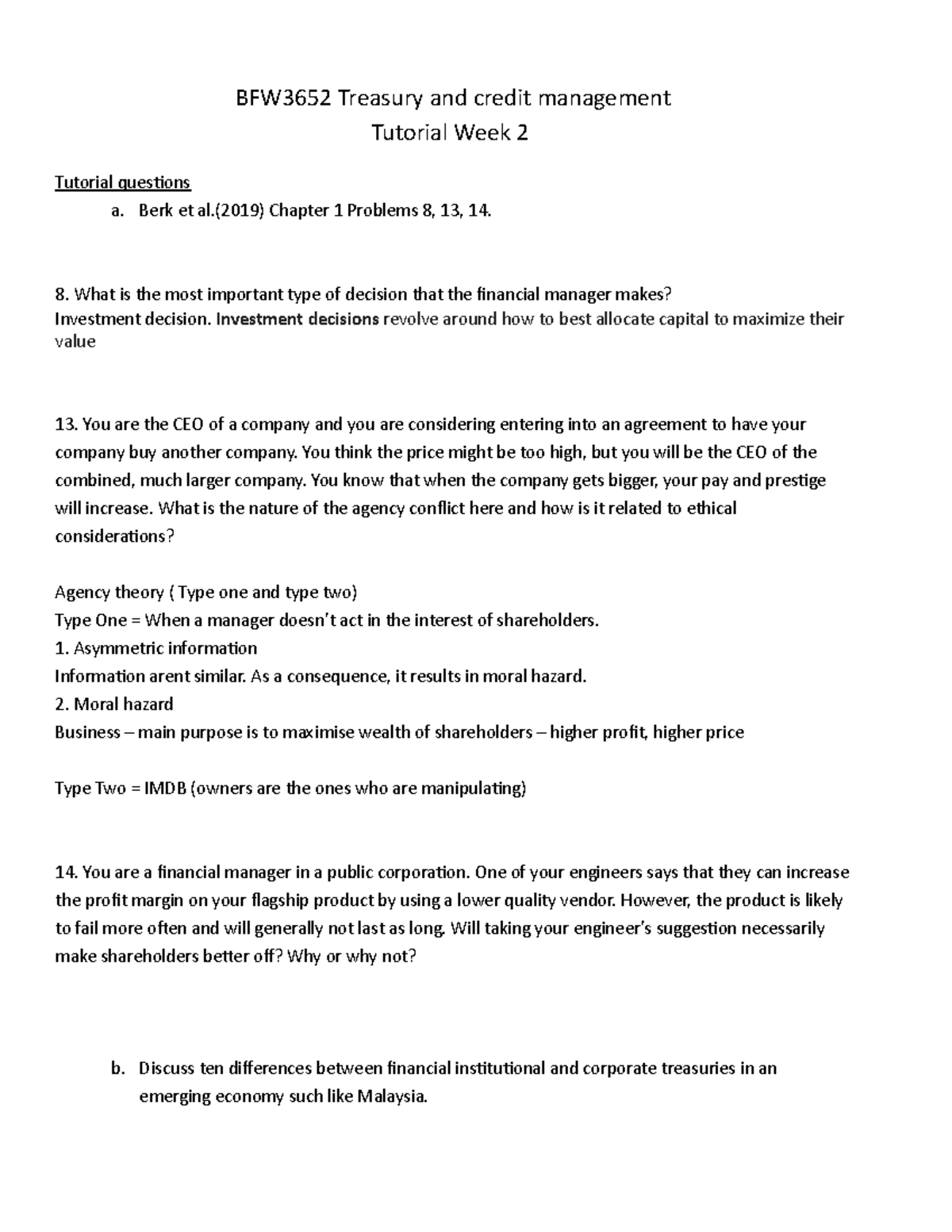 BFW3652 Tutorial Week 2 S1 2019 - BFW3652 Treasury and credit ...