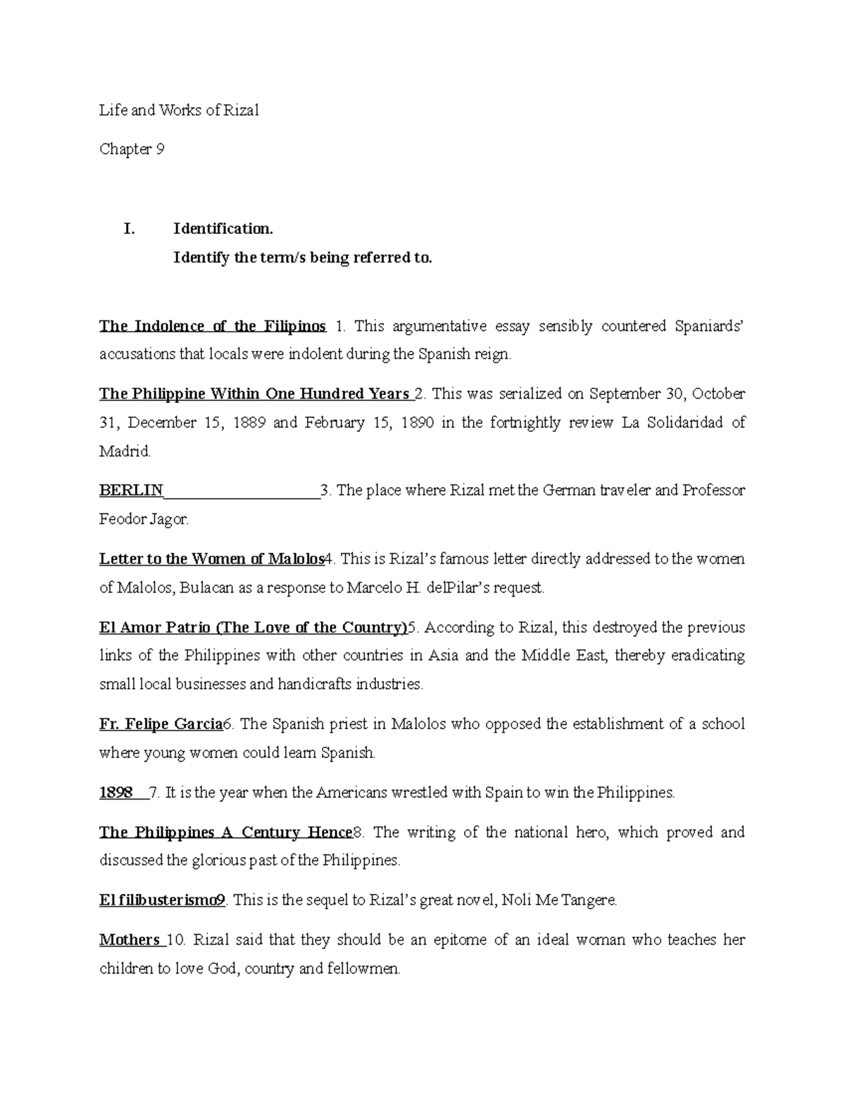 Life and Works of Rizal Chapter-9 - Identification. Identify the term/s being referred to. The ...