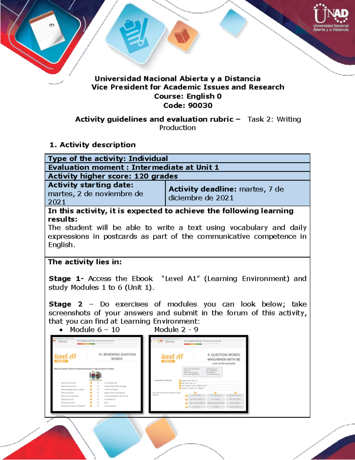 Activities guide and evaluation rubric Unit 1 Task 2-Writing Production ...