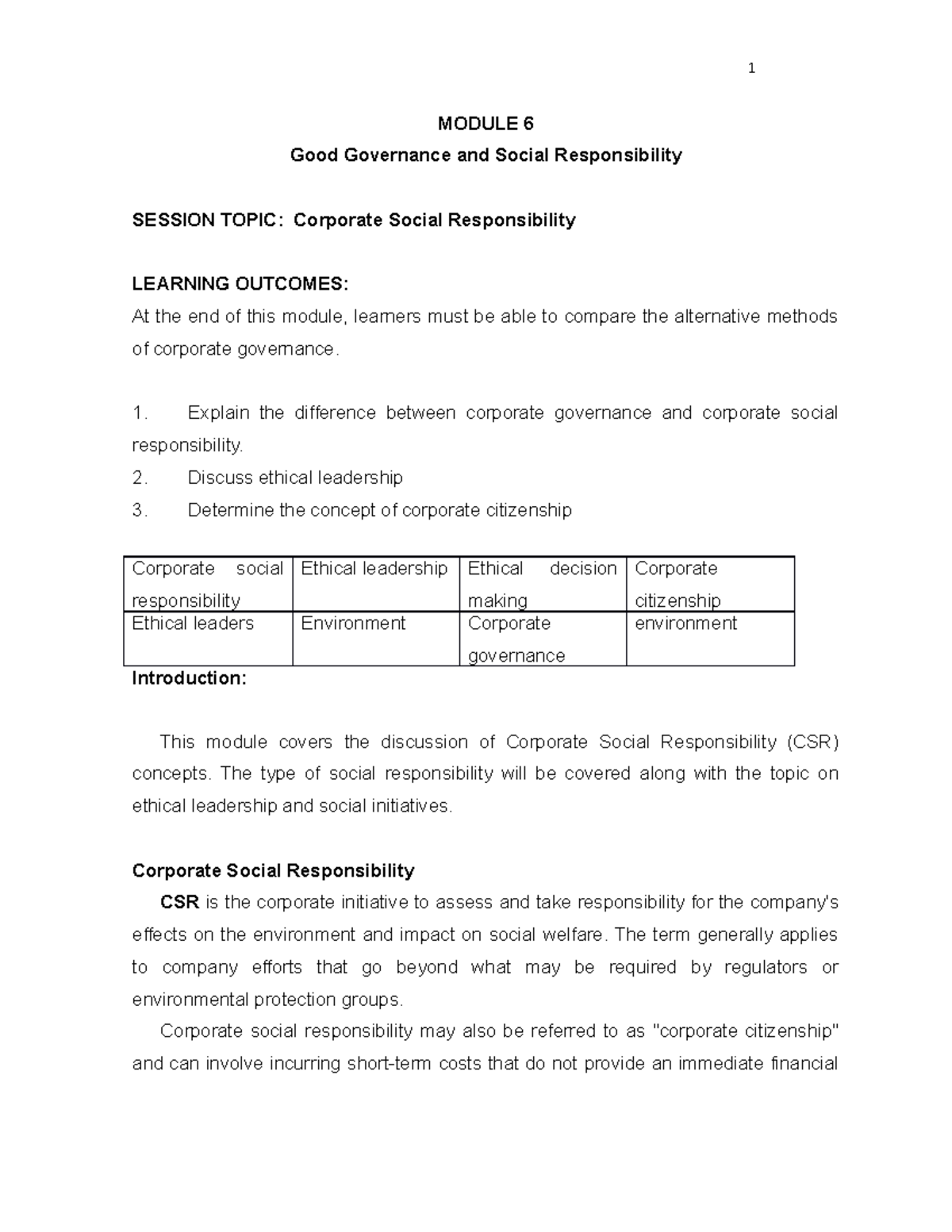 Lecture Notes - Ethics - Corporate Social Responsiblity - MODULE 6 Good ...