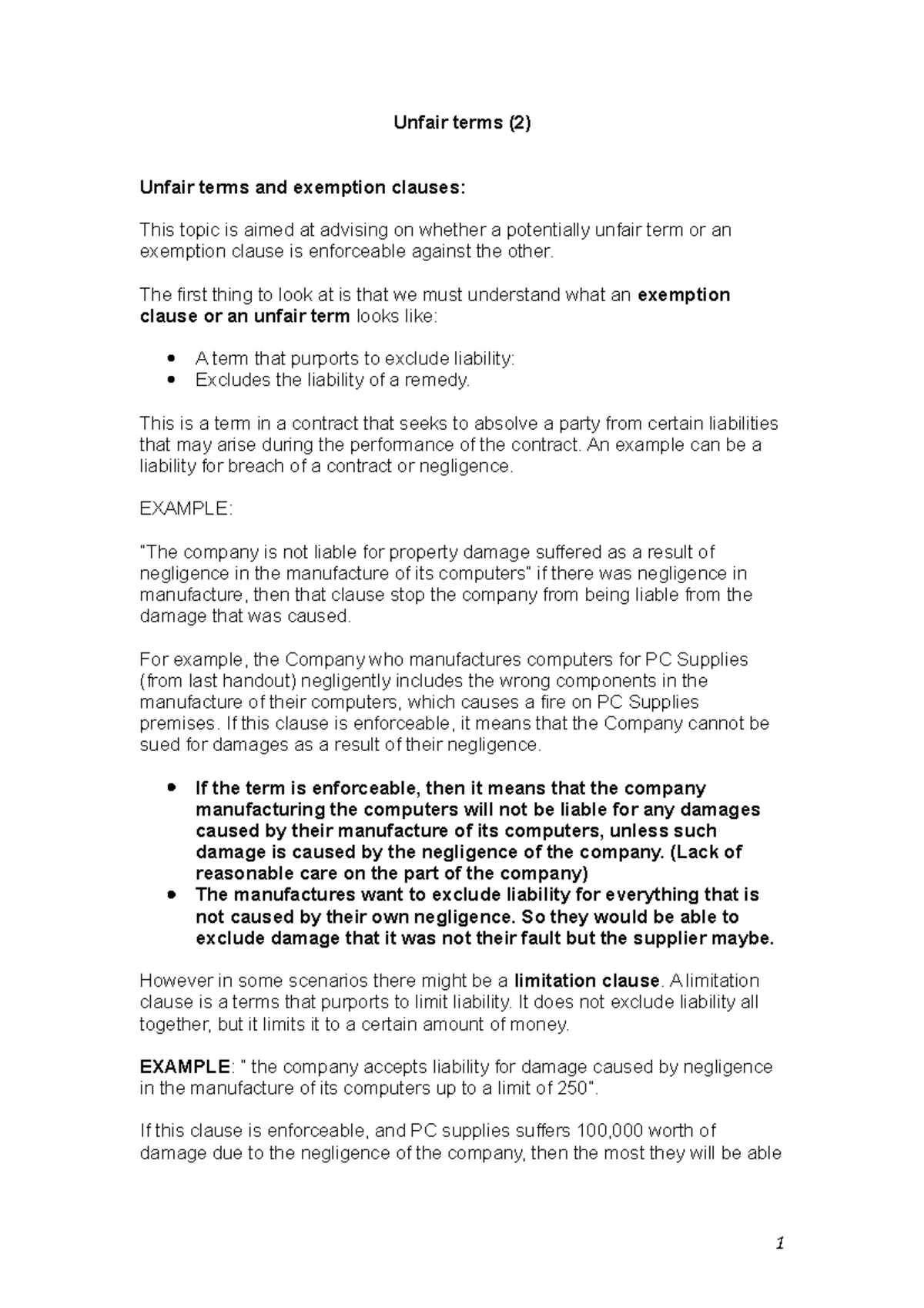 Unfair terms - Summary Contract Law 25 - Unfair terms (2) Unfair terms ...