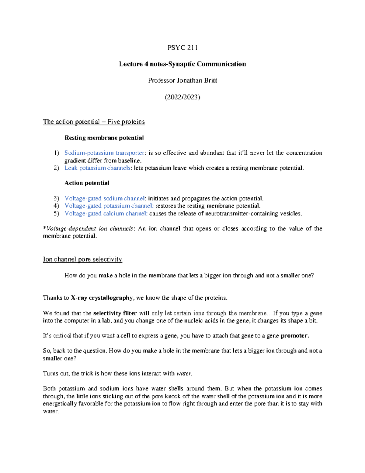 Lecture 4 Synaptic Communication Psyc 211 Psyc 211 Lecture 4 Notes Synaptic Communication