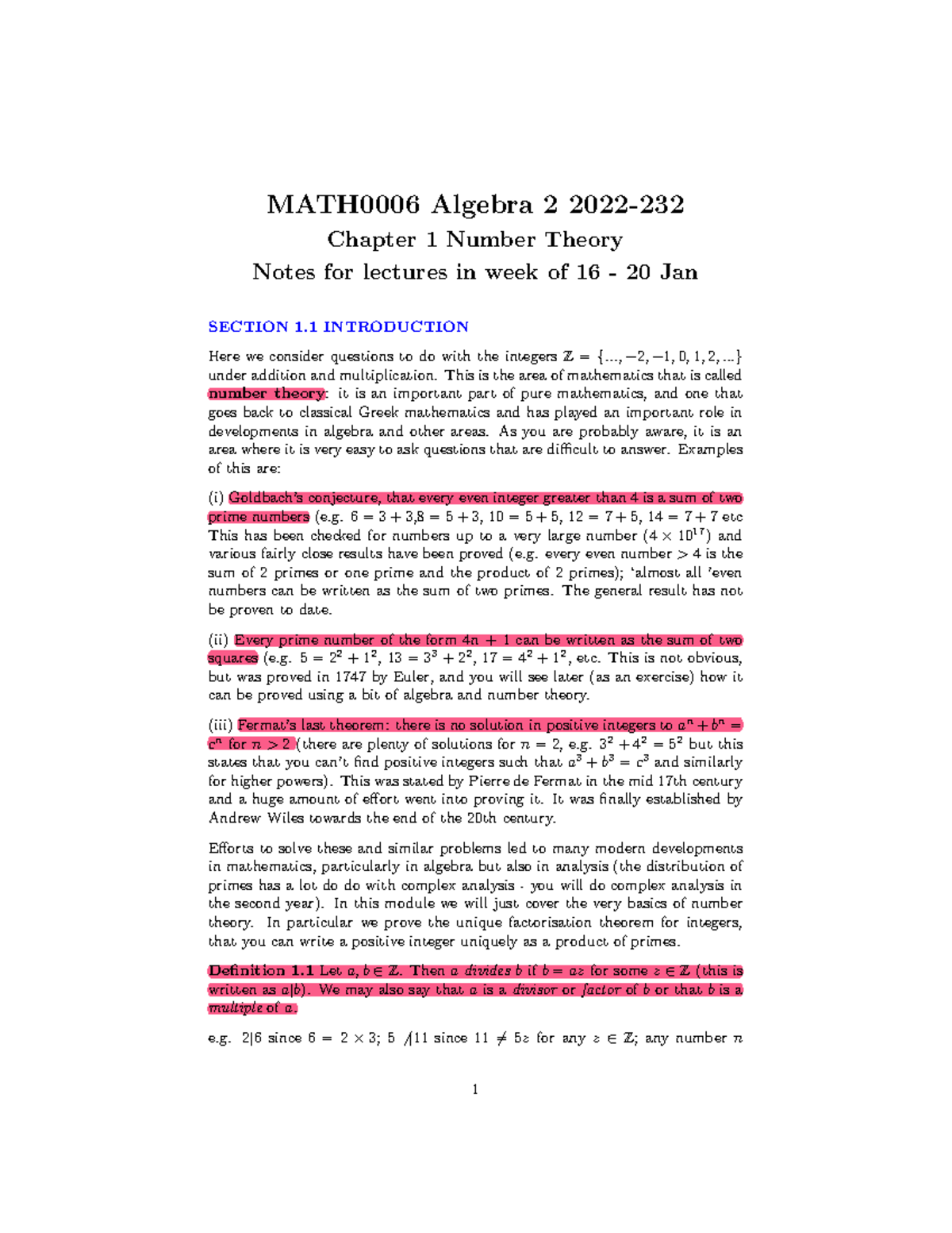 MATH0006 2223 Ch 1 - MATH0006 Algebra 2 2022- Chapter 1 Number Theory ...