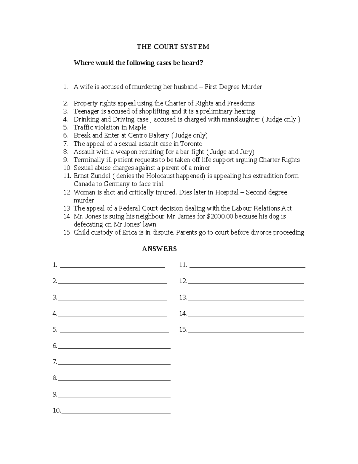 The Court System Worksheet FM - THE COURT SYSTEM Where would the ...