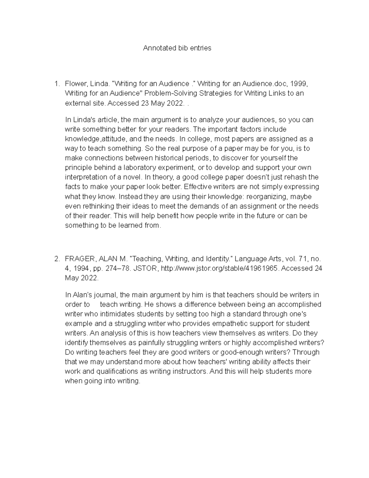 Annotated Works Cited - stuff - Annotated bib entries Flower, Linda ...