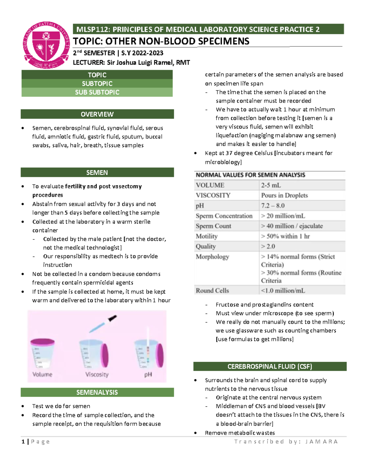 Lesson 2 (LEC) - Other NON- Blood Specimens - TOPIC SUBTOPIC SUB ...