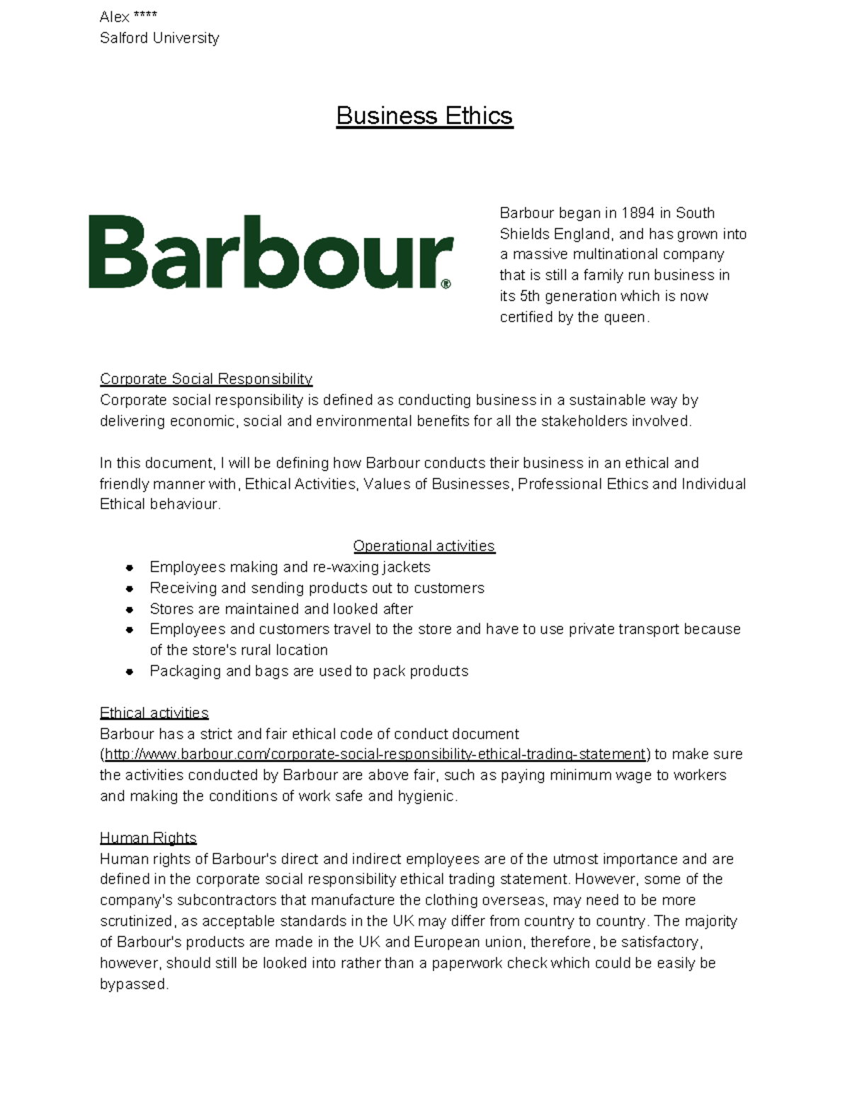 Barbour Ethical Trading - Alex **** Salford University Business Ethics ...