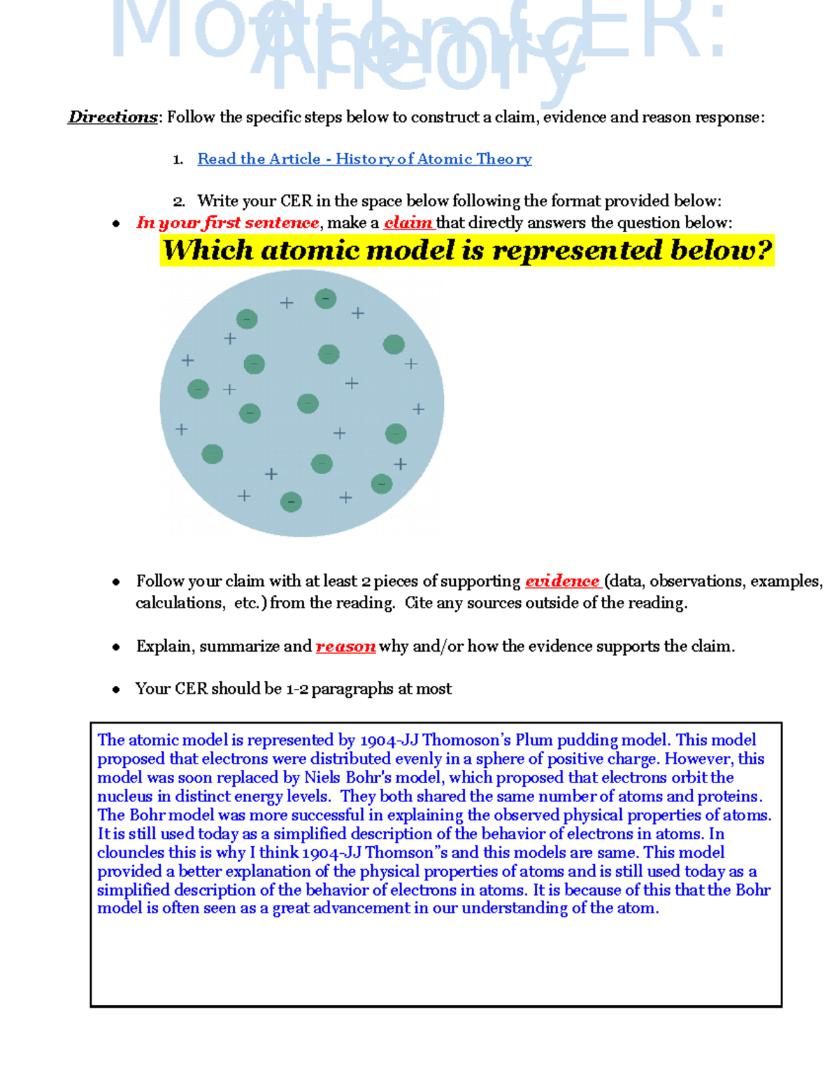 Copy of Mod 1 - CER - Atomic Structure - Directions: Follow the ...