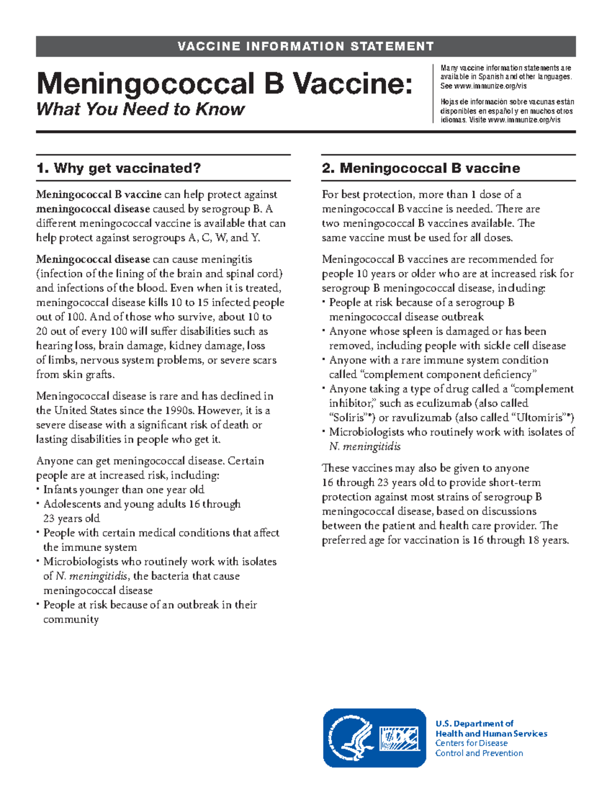 Mening-serogroup VIS - vaccine for schedules recommended by CDC ...