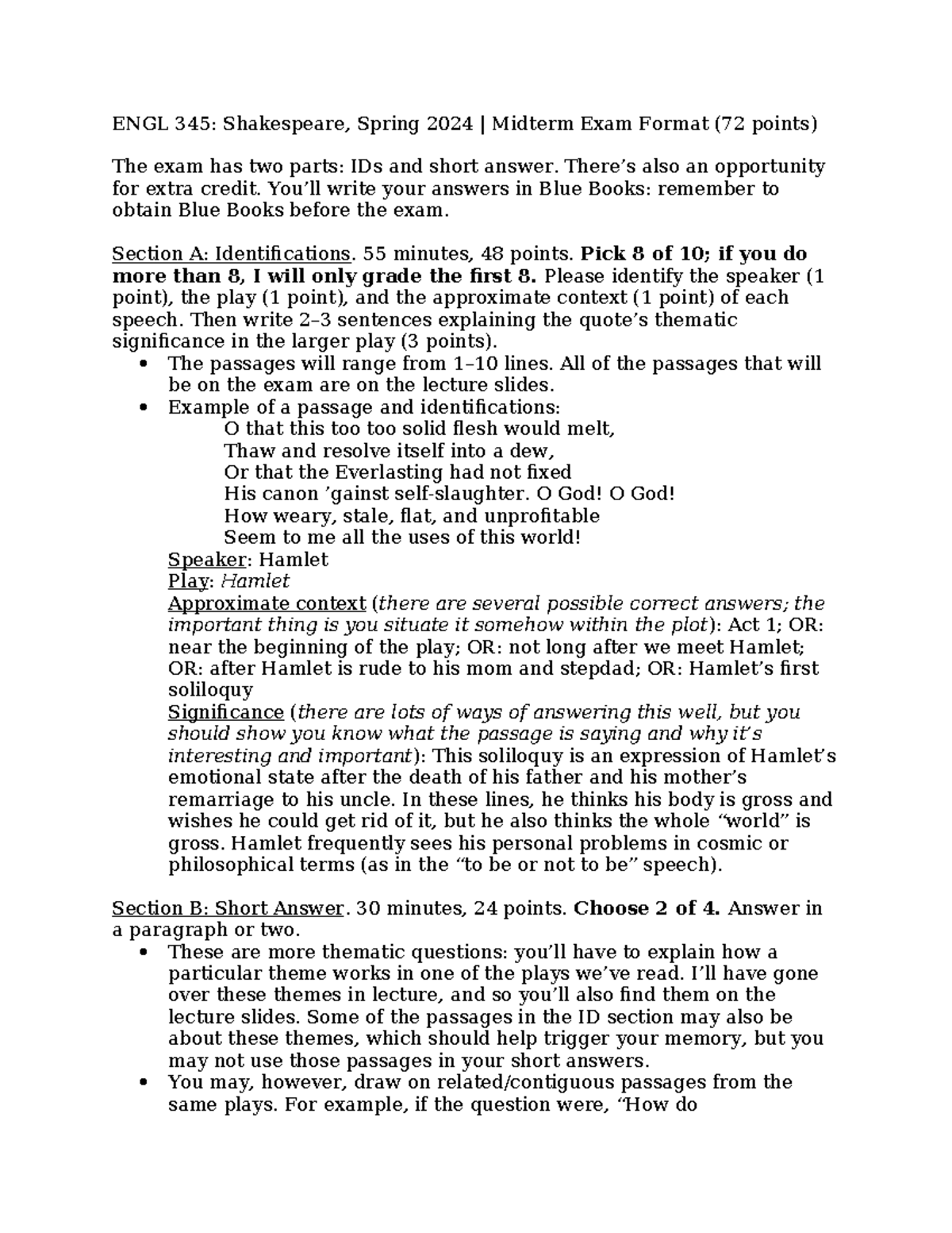 Midterm review - ENGL 345: Shakespeare, Spring 2024 | Midterm Exam ...