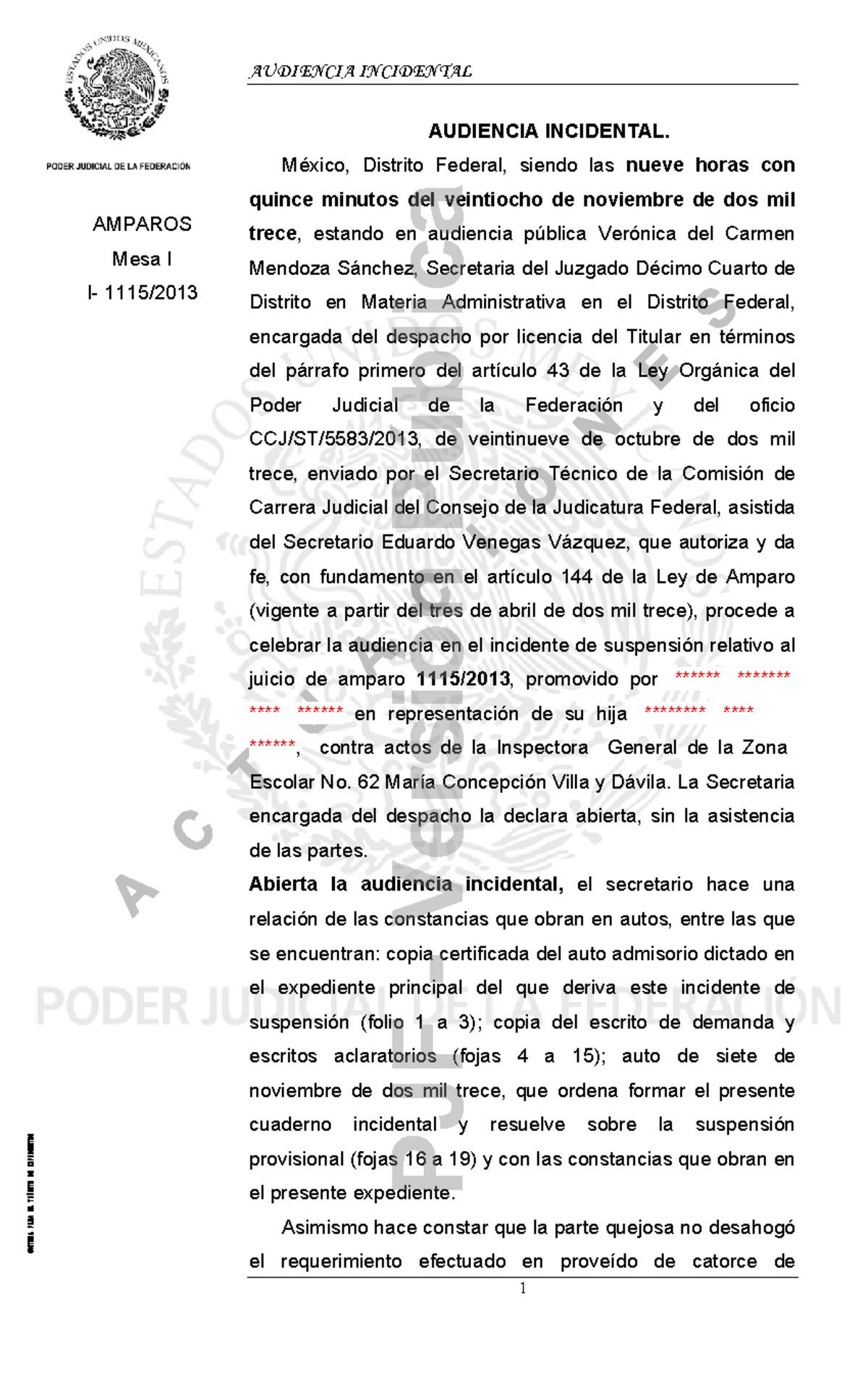 Modelo DE Audiencia Incidental amparo indirecto - AUDIENCIA INCIDENTAL ...