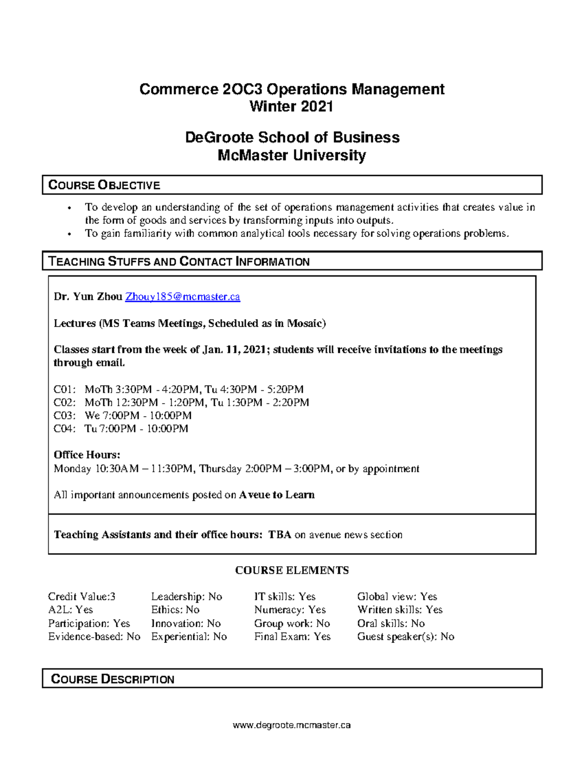 2OC3 2021 Course Outline - Commerce 2OC3 Operations Management Winter ...