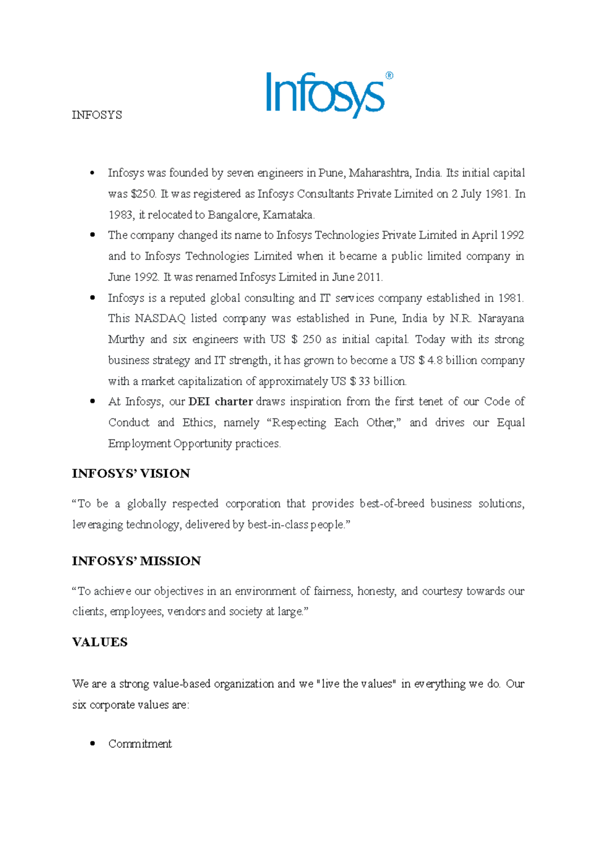 OB Project ( Infosys) - Organizational behavoiur - INFOSYS Infosys was ...