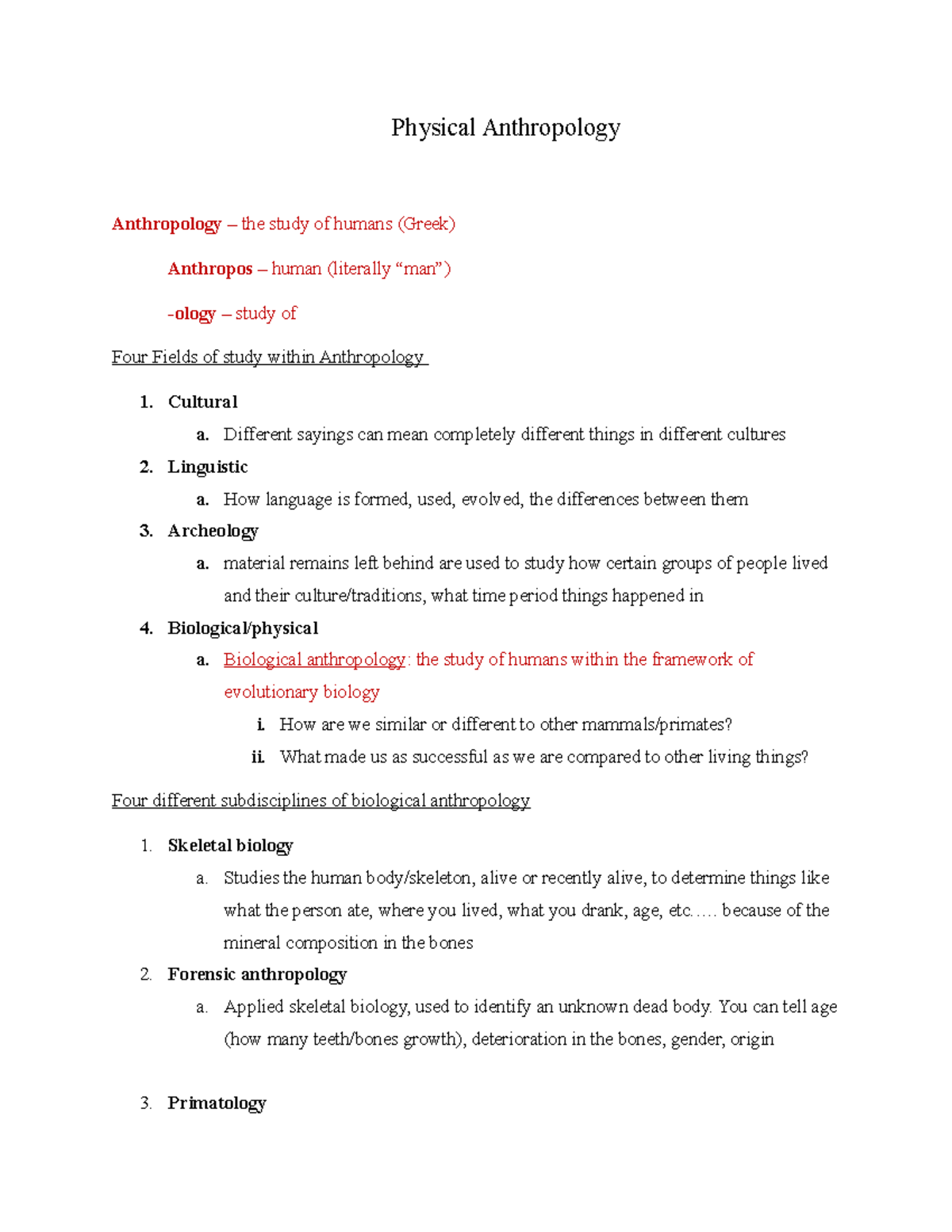 Anthropology lecture notes - Physical Anthropology Anthropology – the ...
