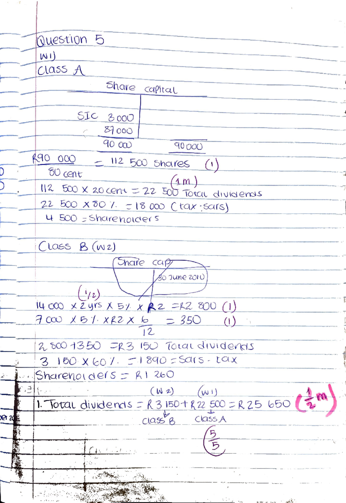 FR1 Tut 3 - Tutorial work about companies - Question 5 WI) class A Share capital SIC ( 87 90 R90 ...