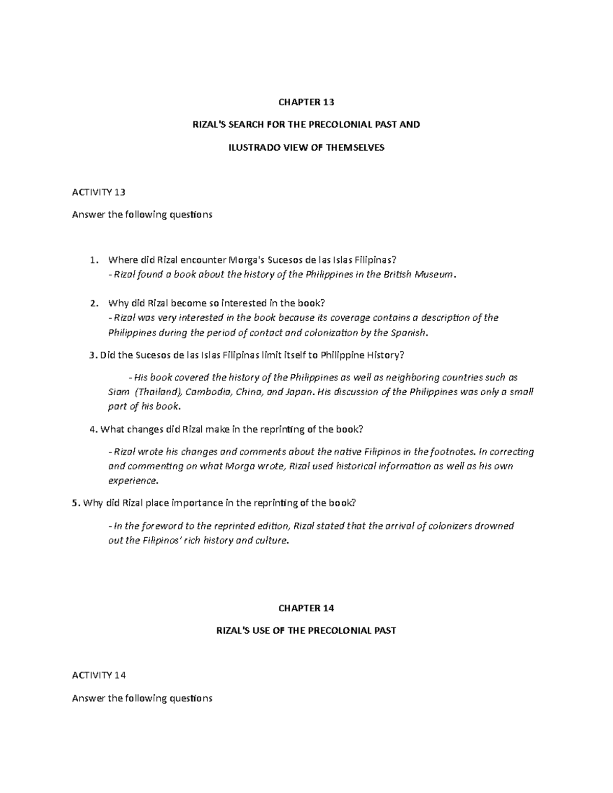 R13-14 - Rizal-Chapter-13-14 - CHAPTER 13 RIZAL'S SEARCH FOR THE PRECOLONIAL PAST AND ILUSTRADO ...