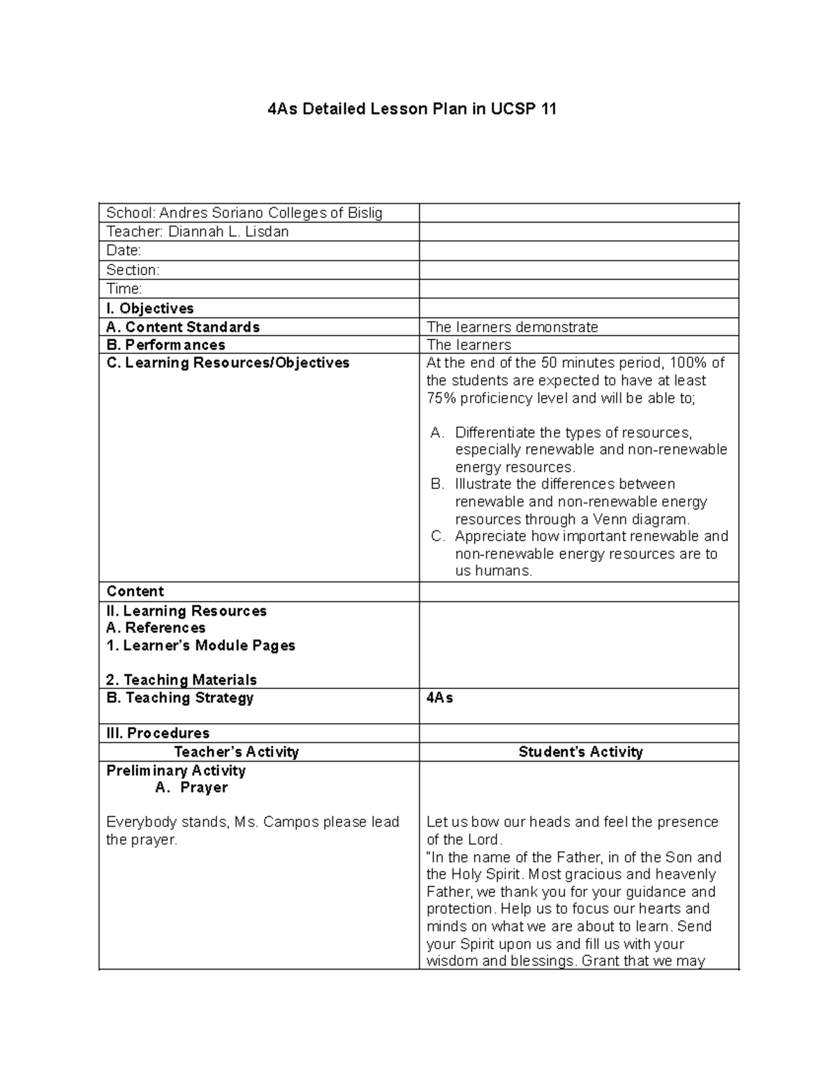 4As Detailed Lesson Plan in UCSP 11 - Lisdan Date: Section: Time: I ...