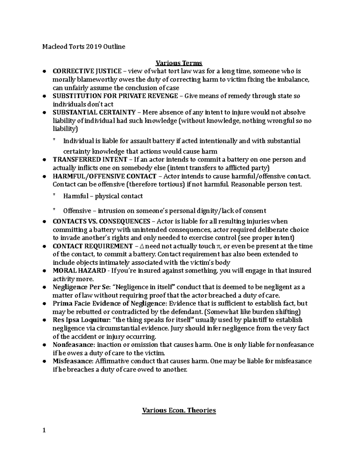 Torts 2019 Outline - Macleod Torts 2019 Outline Various Terms ...