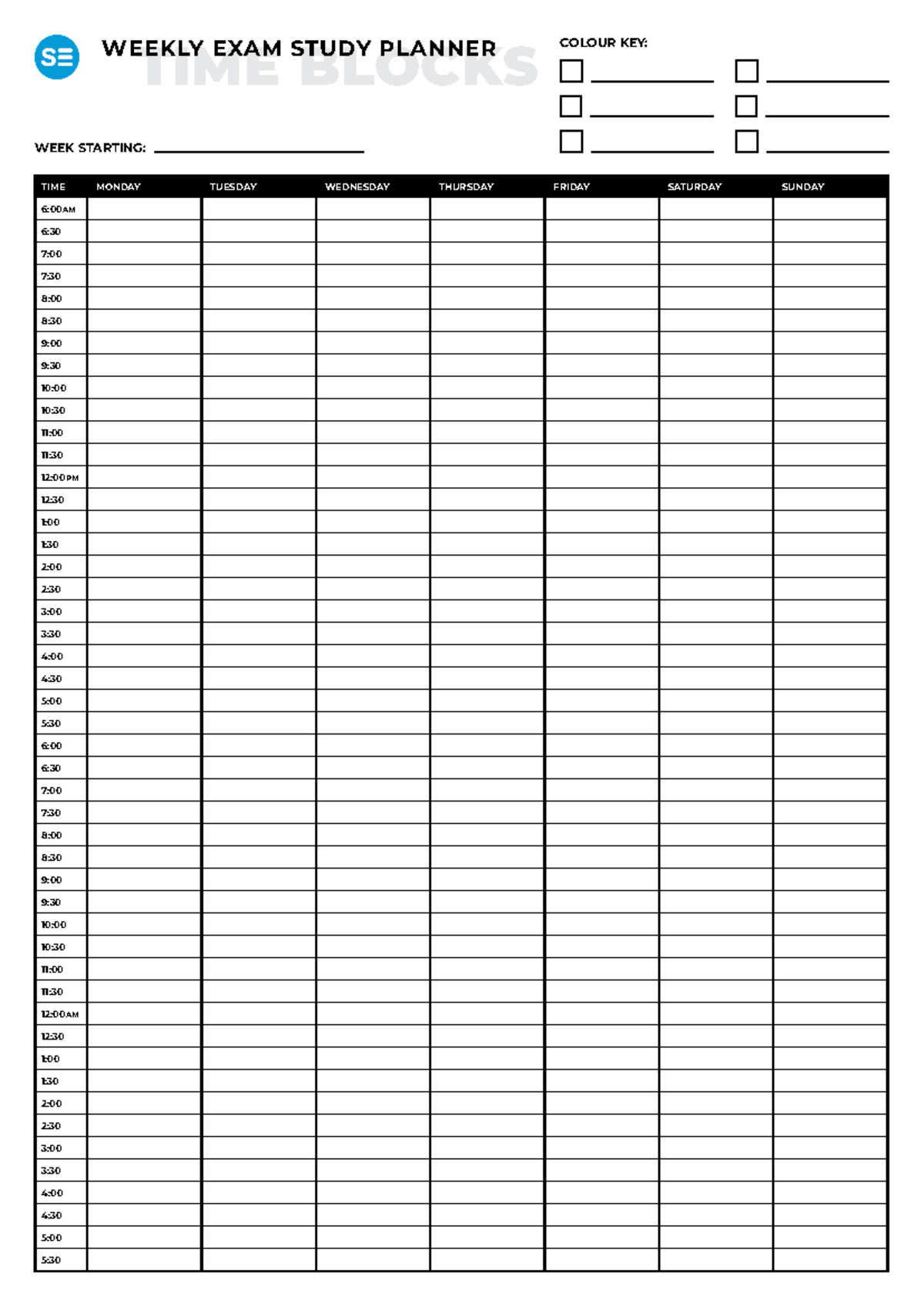 Exam Study Planner - TIME BLOCKS TIME MONDAY TUESDAY WEDNESDAY THURSDAY ...