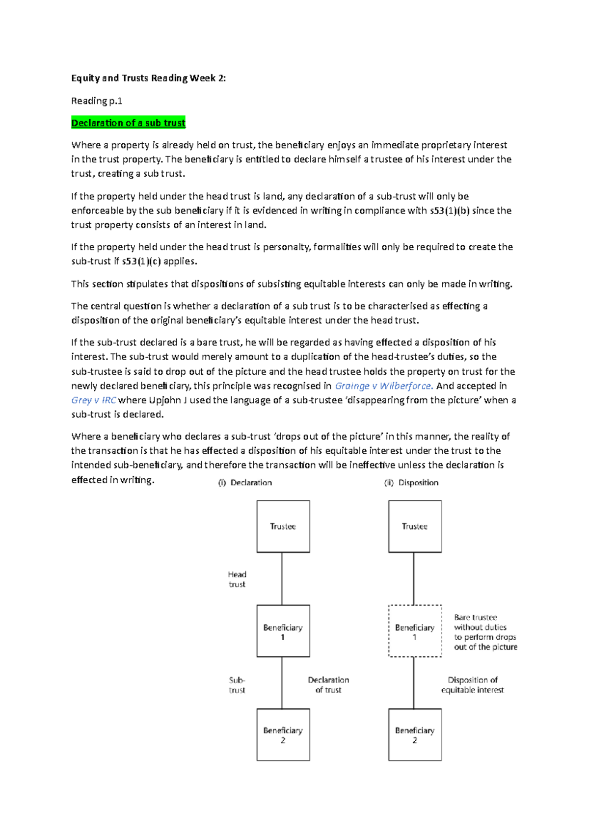 Equity and Trusts Reading Week 2 - Declaration of a sub trust Where a ...