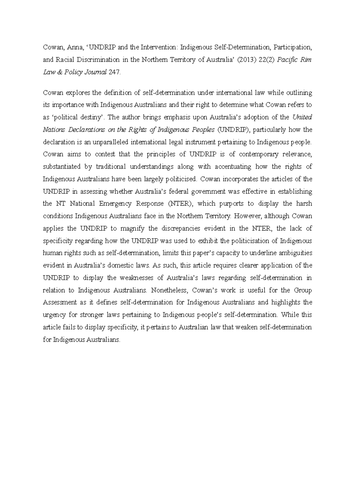 Annotated Bibliography - Cowan, Anna, ‘UNDRIP and the Intervention ...