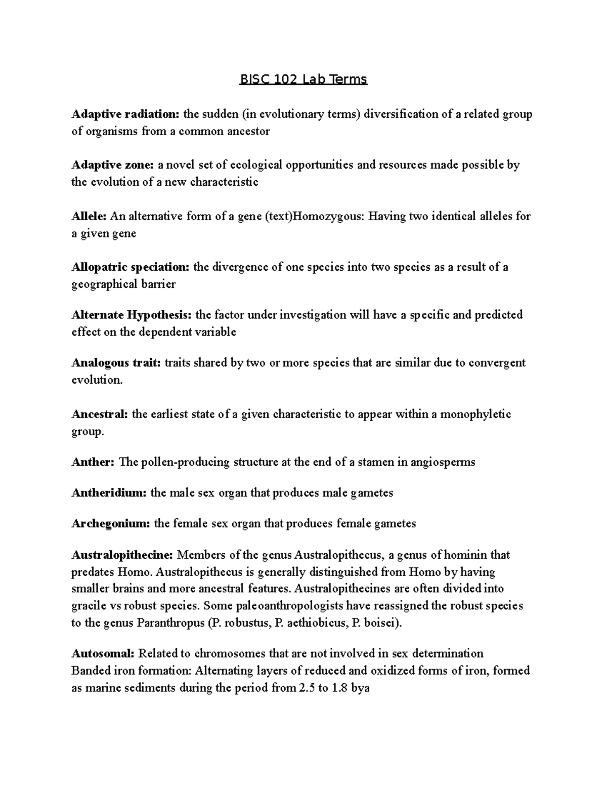 Bisc 102 Lab Terms - BISC 102 - SFU - Studocu