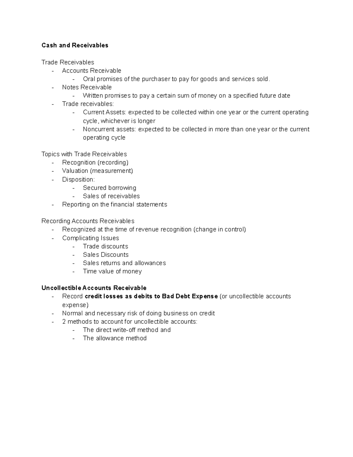 ACCT Notes Accounts Rec - Cash and Receivables Trade Receivables ...