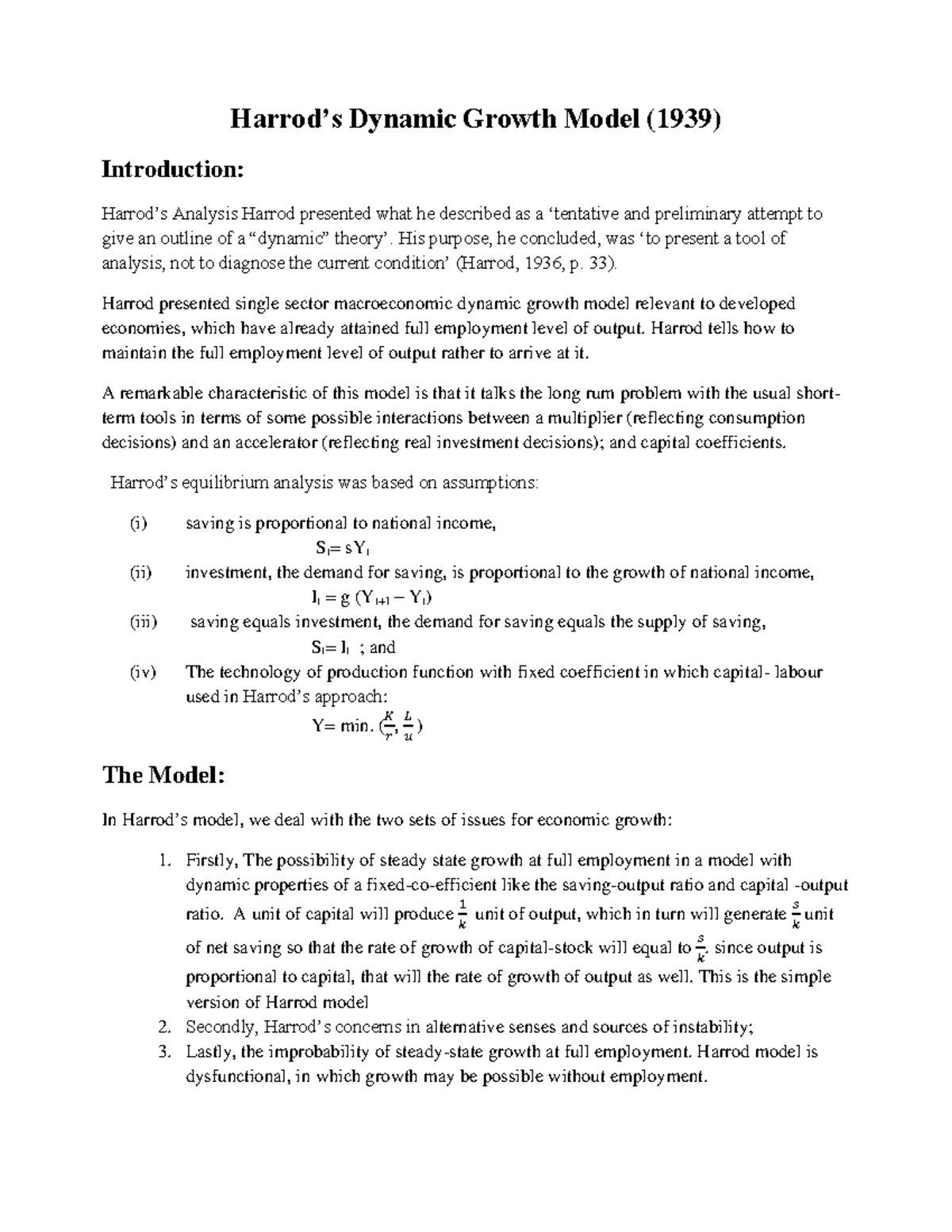 Harrod model - Harrod’s Dynamic Growth Model (1939) Introduction ...