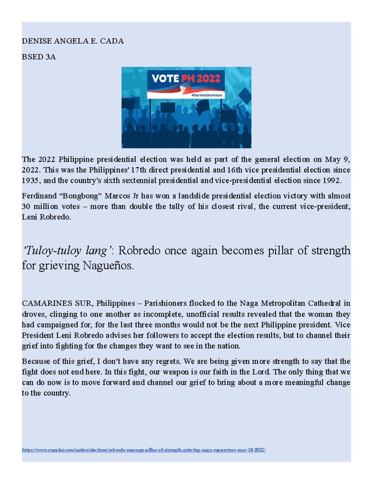 Reaction Paper ( Election 2022) - DENISE ANGELA E. CADA BSED 3A The ...