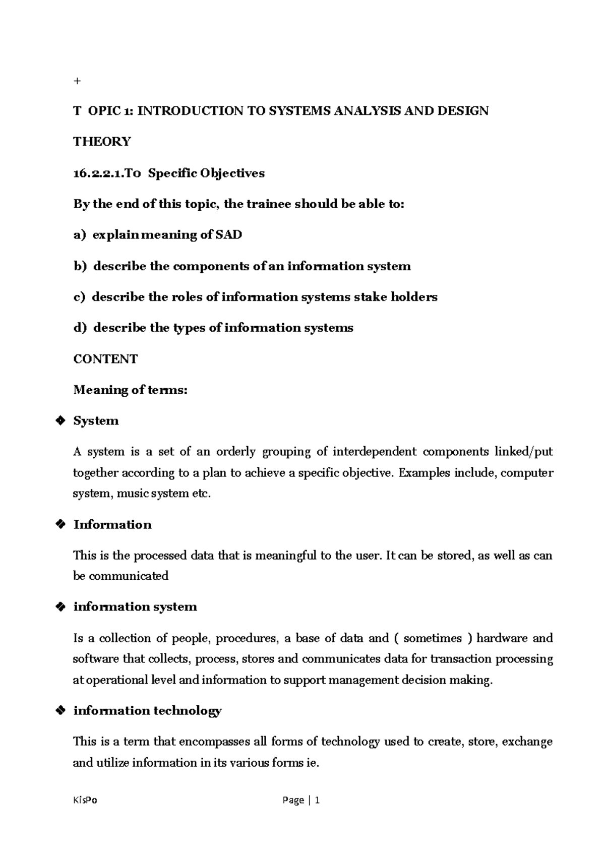 SAD Comprehensive Notes - T OPIC 1: INTRODUCTION TO SYSTEMS ANALYSIS ...