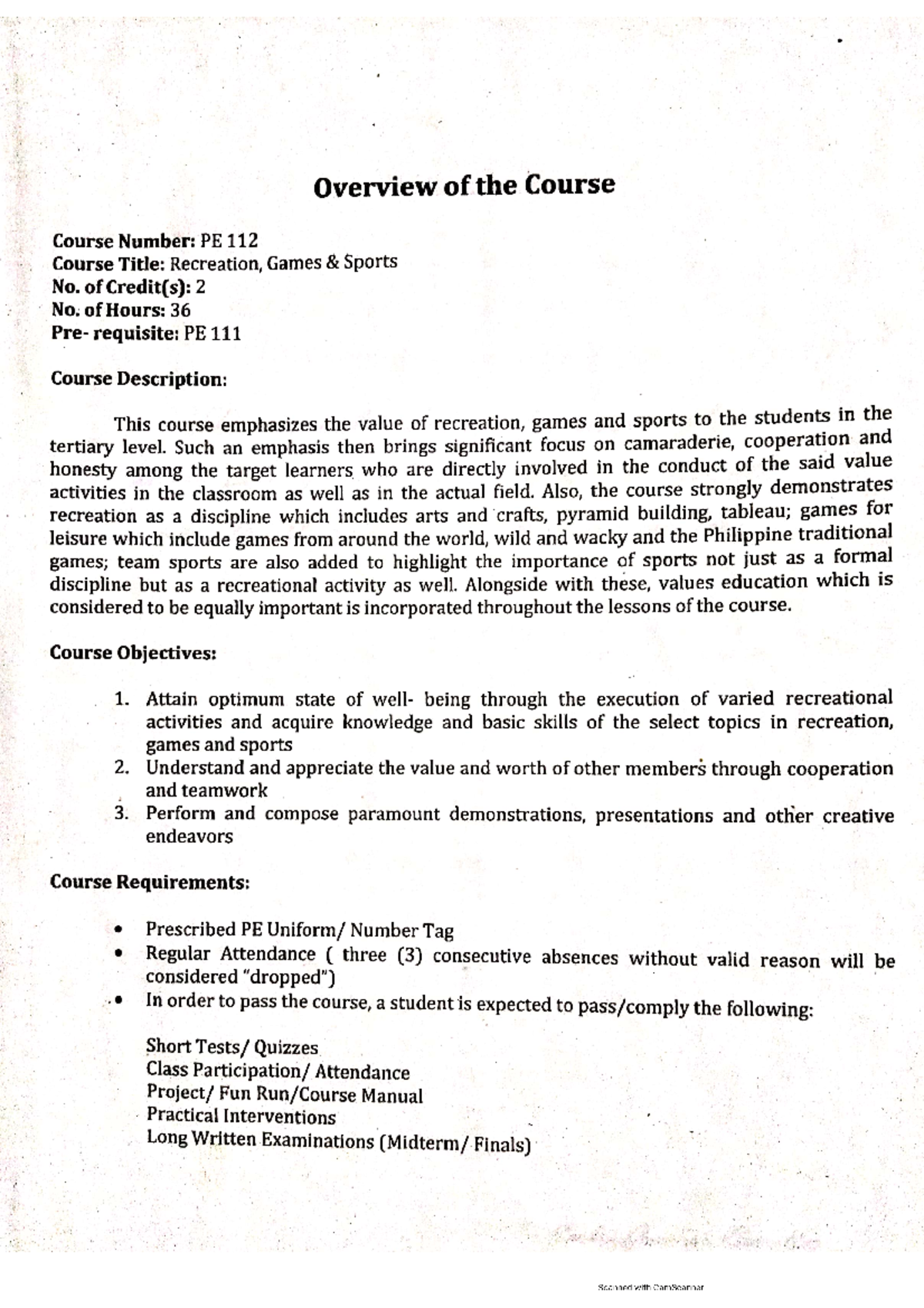 PE-2 - This has the activities and procedure of PE2. - Recreational ...