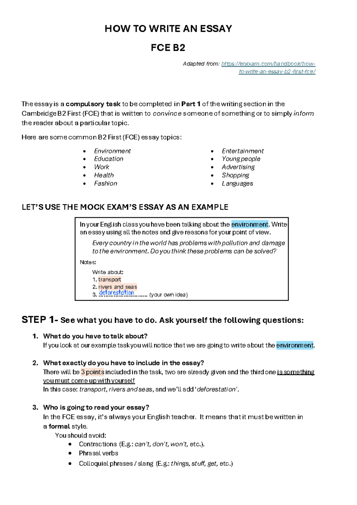 Mejorar tus escritos - HOW TO WRITE AN ESSAY FCE B Adapted from: engxam ...